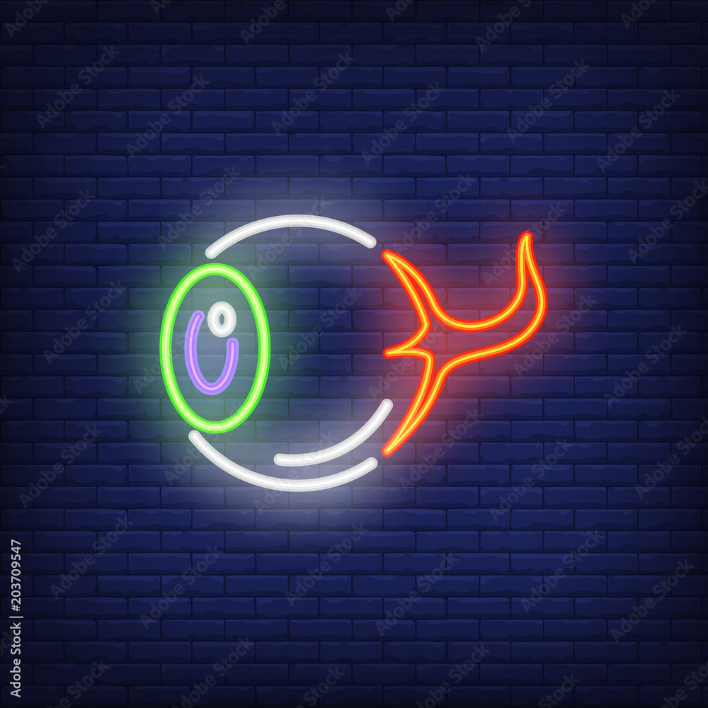 Human eye neon sign. Horrible eye with optic nerve. Night bright ...