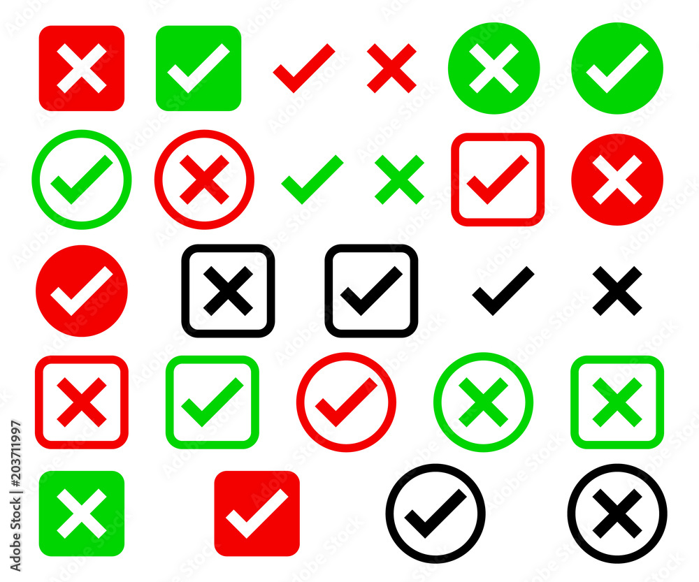 Check box list icons set, green, red and black isolated on white ...