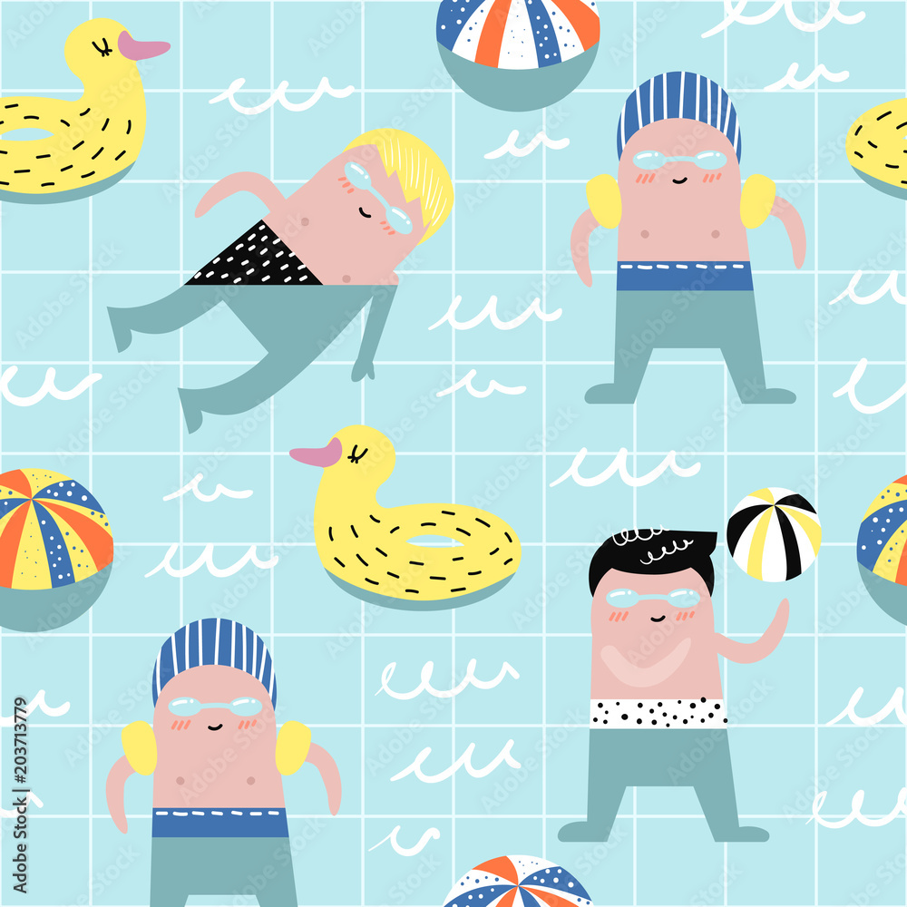 Summer Childish Seamless Pattern with Cute Boys in Swimming Pool ...