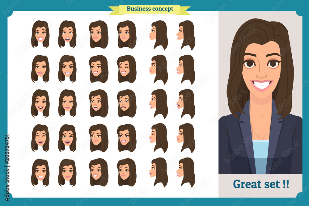 Set of woman's emotions design. Facial expression. Girl Avatar.Front ...