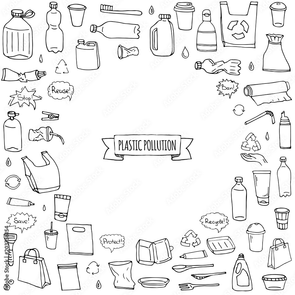 Hand drawn doodle Stop plastic pollution icons set Vector illustration ...