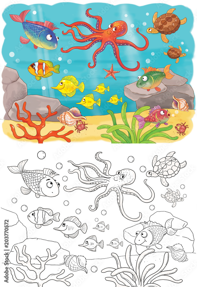 Sea animals. Ocean. Cute fish. Illustration for children. Coloring page ...