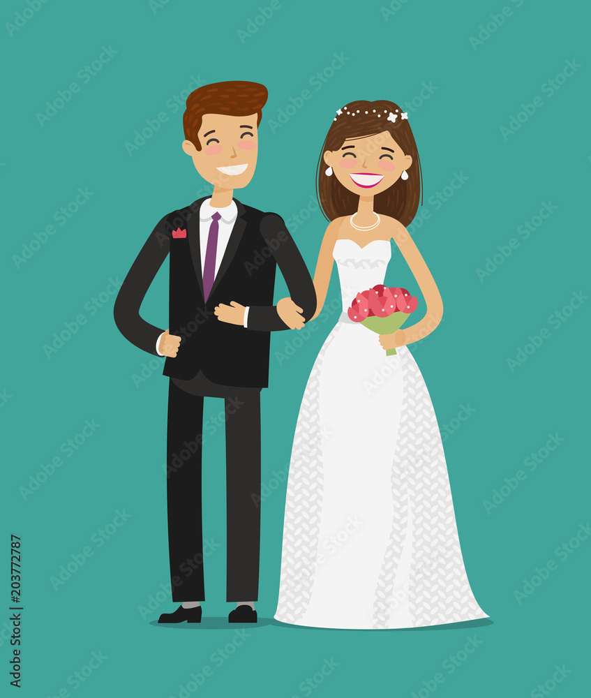 Happy Newlyweds Or Bride And Groom Wedding Cartoon Vector Illustration