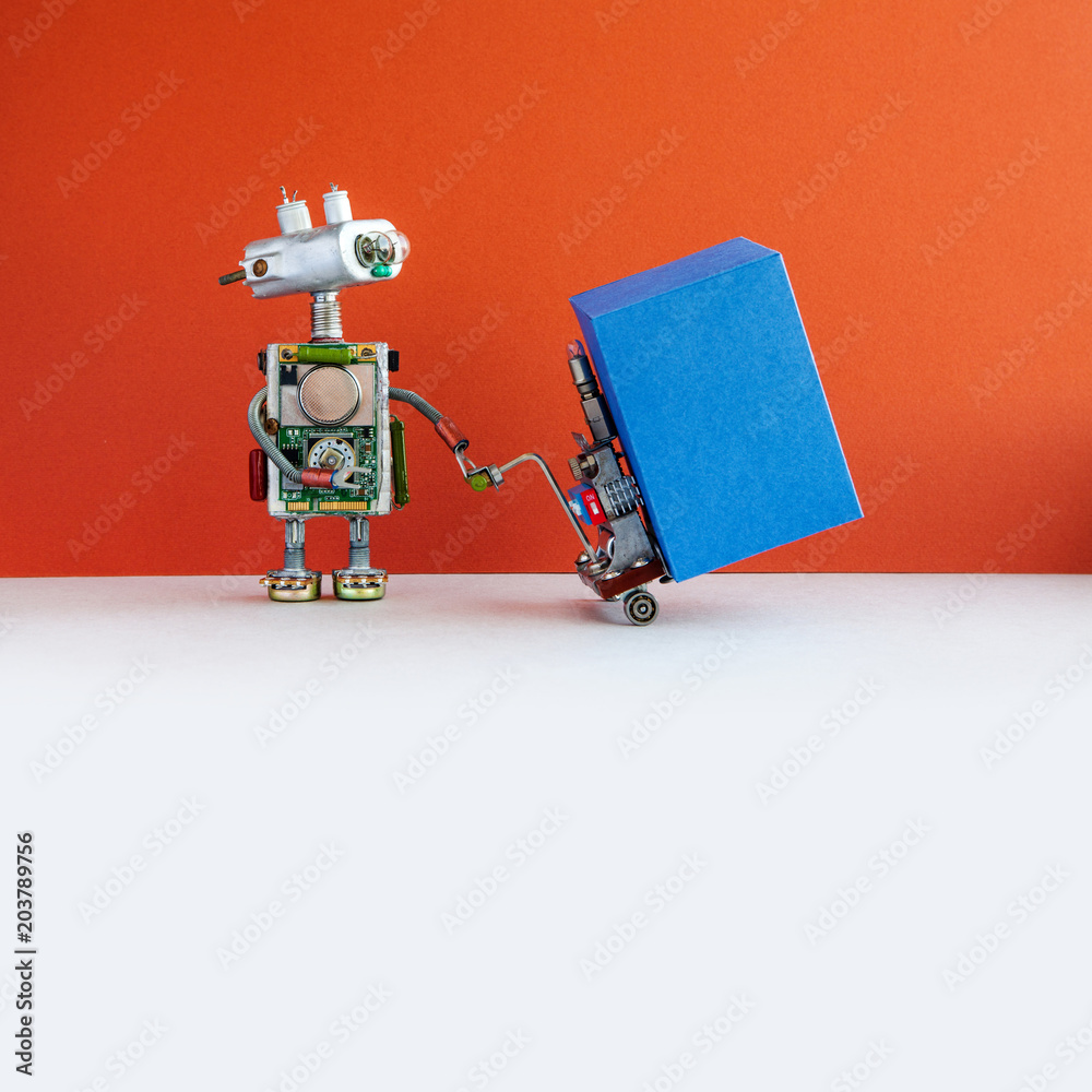 Robotic logistic delivery service concept. Robot moving big blue box ...