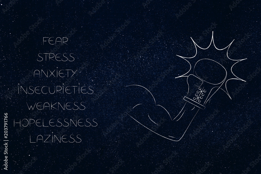 list of negative attitudes next to fit arm with muscles and boxing ...