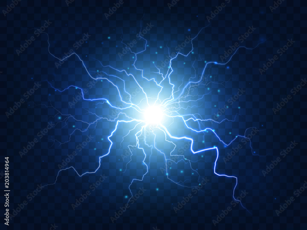 Electric power explosion with electrical flash, sparks and blue ...