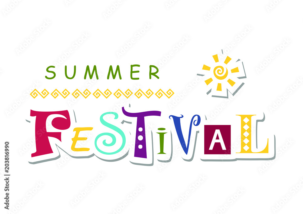 Lettering of Summer festival with different letters in red, blue ...