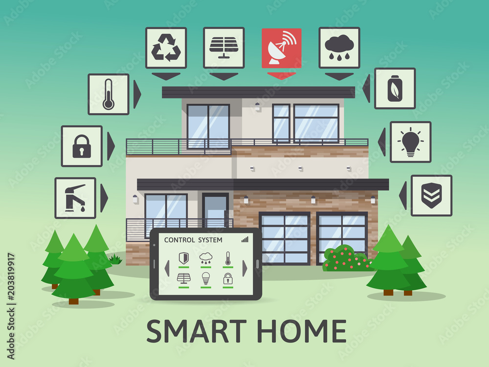 Modern Big Smart Home. Flat design style concept, technology system ...