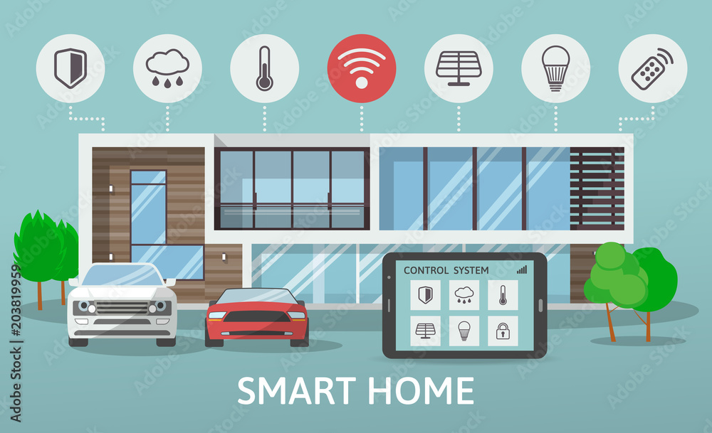 Modern Smart Home with garage and car. Flat design style concept ...
