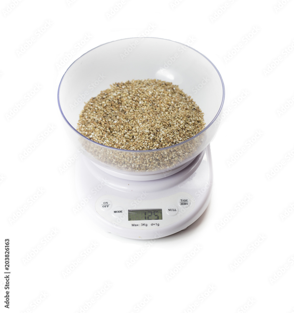 200 grams of oat flakes on scale in white background Stock Photo ...