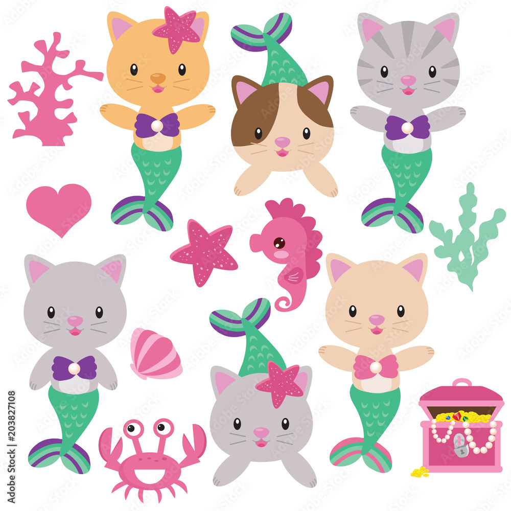 Cute mermaid cat vector cartoon illustration Stock Vector | Adobe Stock