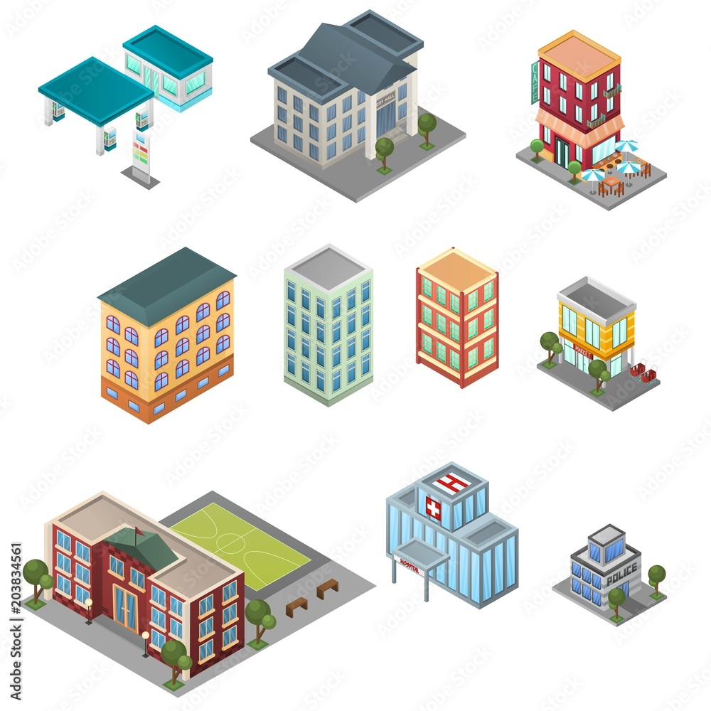 Vector isometric big 3d set of different infrastructure buildings ...