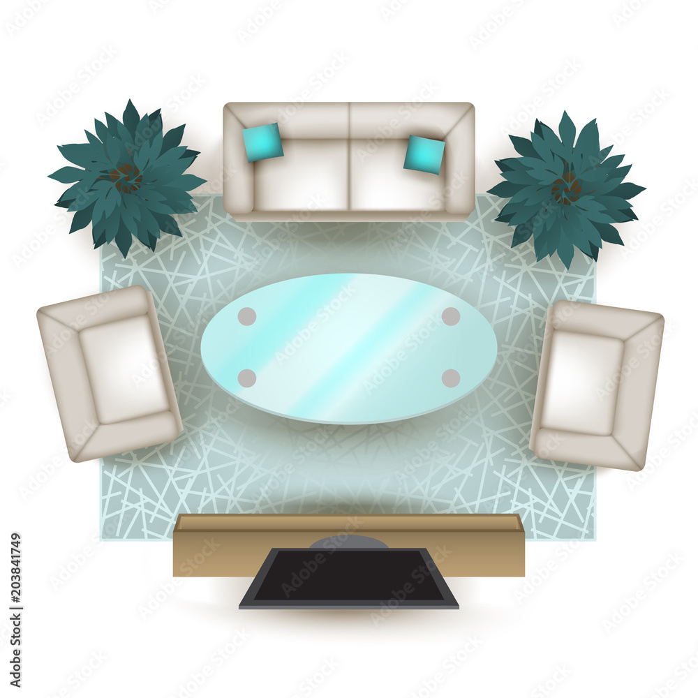 Top view living room furniture design. Realistic vector illustration ...