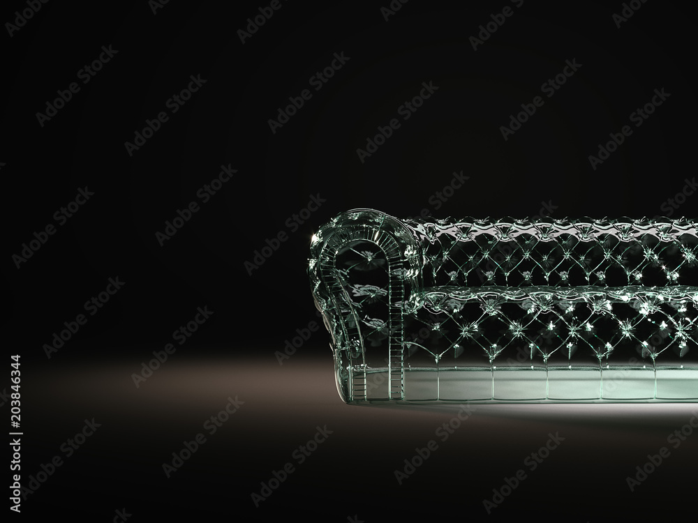 Glass sofa chesterfield style retro concept in the dark environment. 3d ...