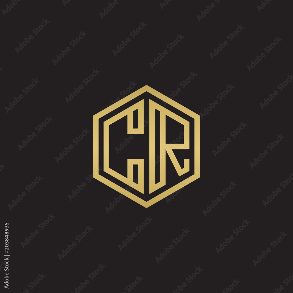 Initial letter CR, minimalist line art hexagon shape logo, gold color ...