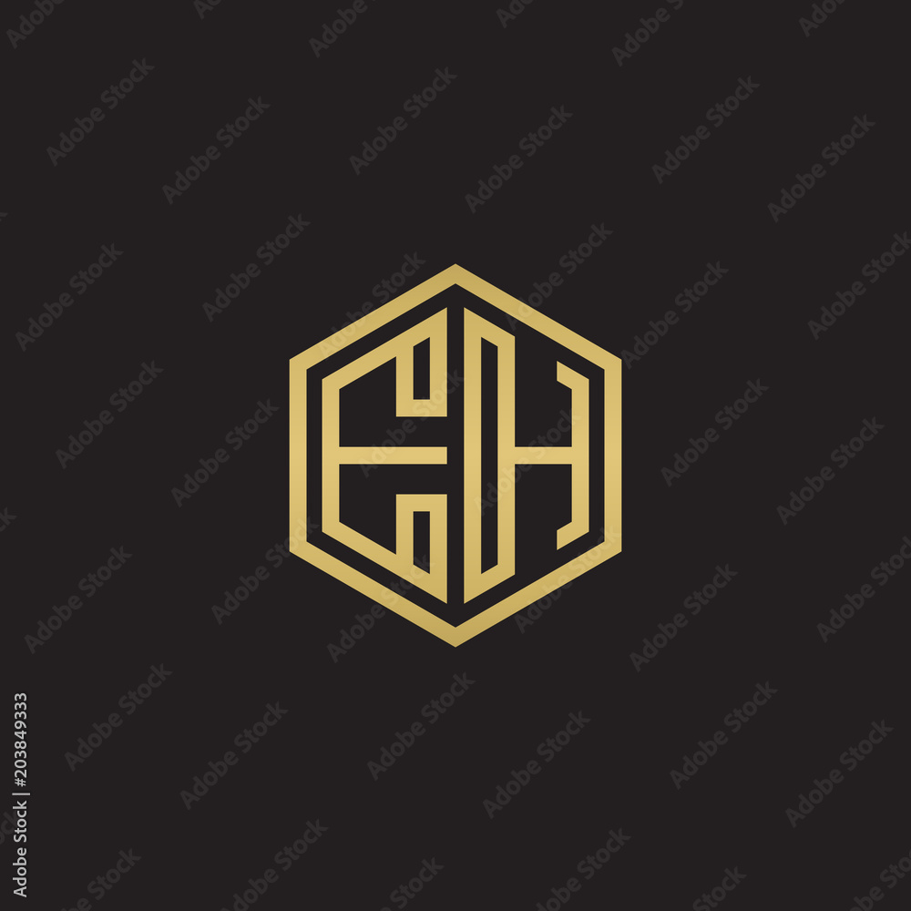 Initial letter EH, minimalist line art hexagon shape logo, gold color ...