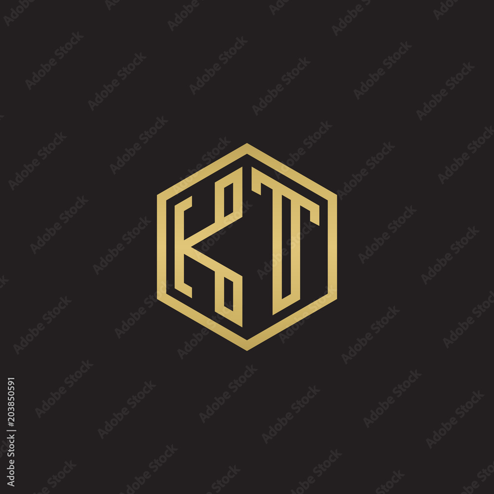 Initial letter KT, minimalist line art hexagon shape logo, gold color ...