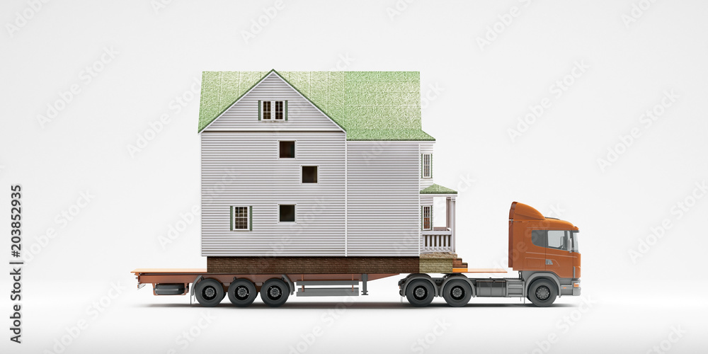 A flatbed articulated lorry loaded with a house isolated on a white ...