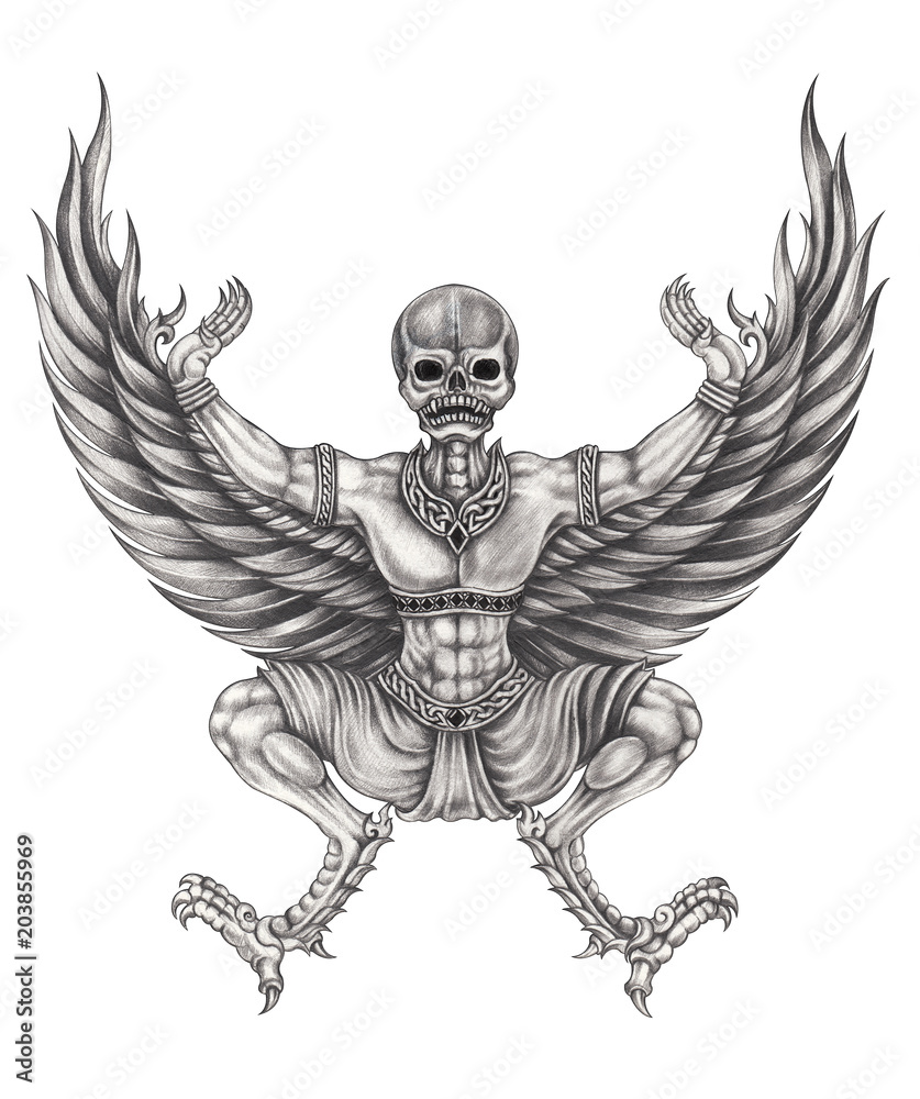 Art Surreal Eagle Skull Tattoo. Hand pencil drawing on paper. Stock ...