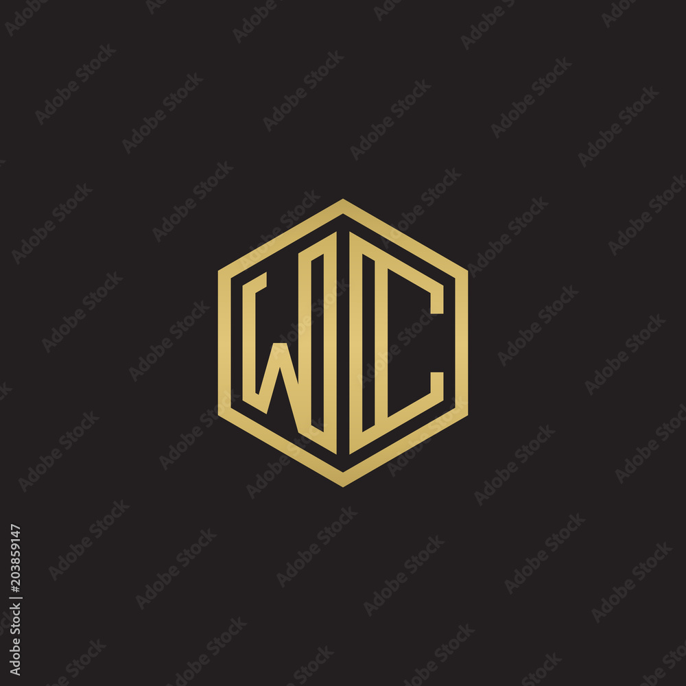 Initial letter WC, minimalist line art hexagon shape logo, gold color ...