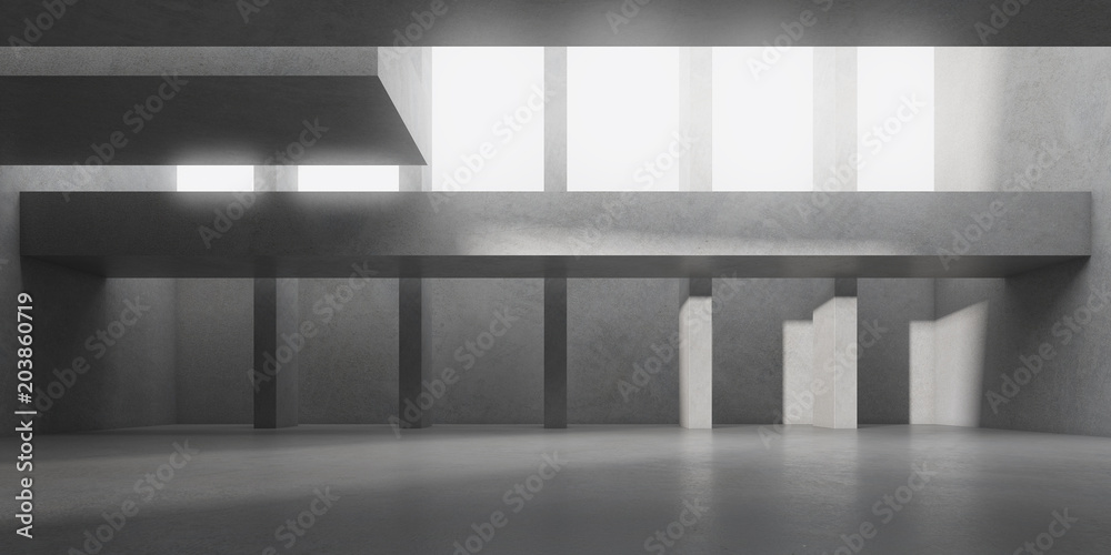 3D stimulate of white interior concrete space with sun light cast the ...