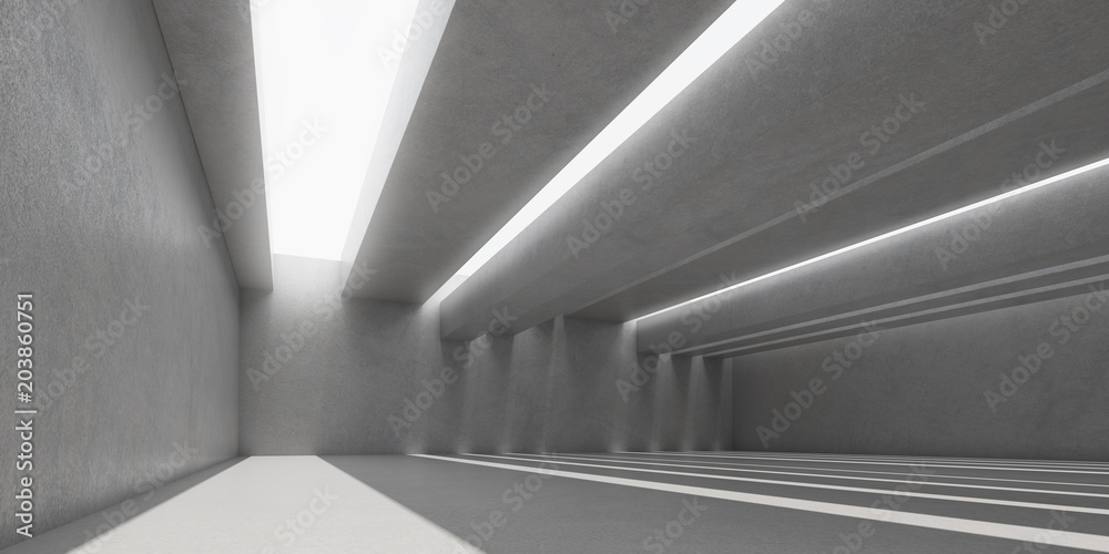 3D stimulate of white interior concrete space with sun light cast the ...