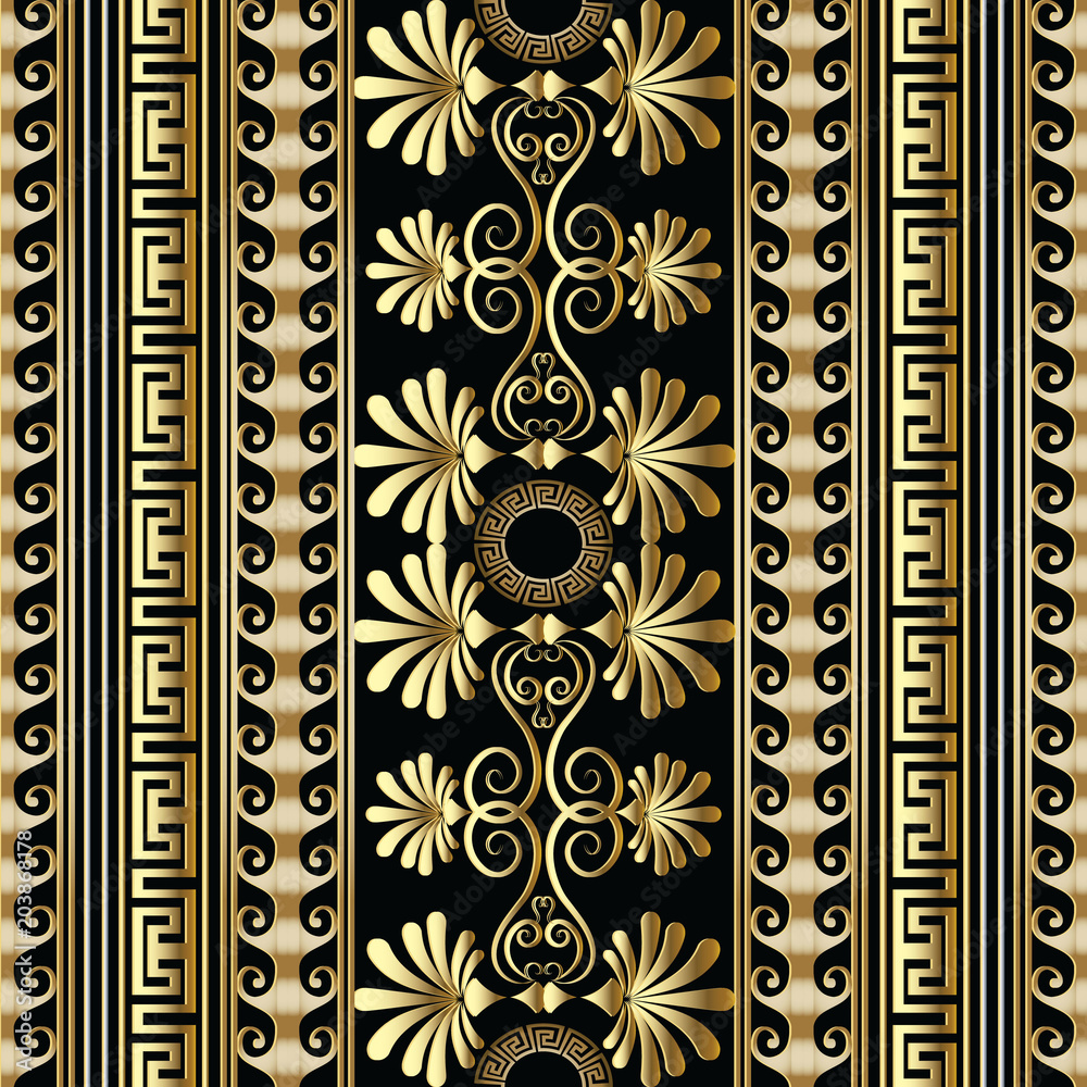 Greek striped floral vector seamless pattern. Geometric abstract black ...