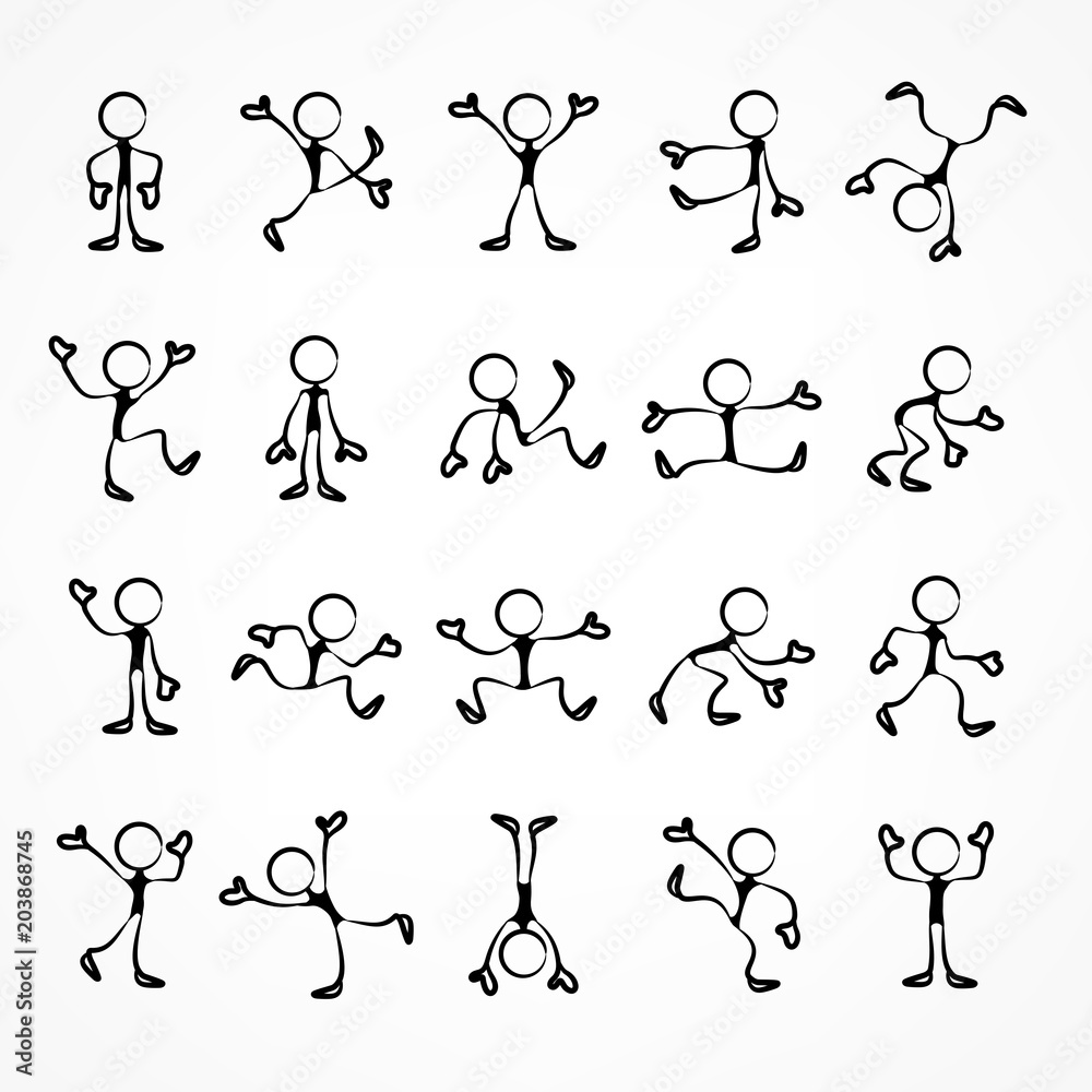 Collection of stick linear moving figures with different poses. Stock ...