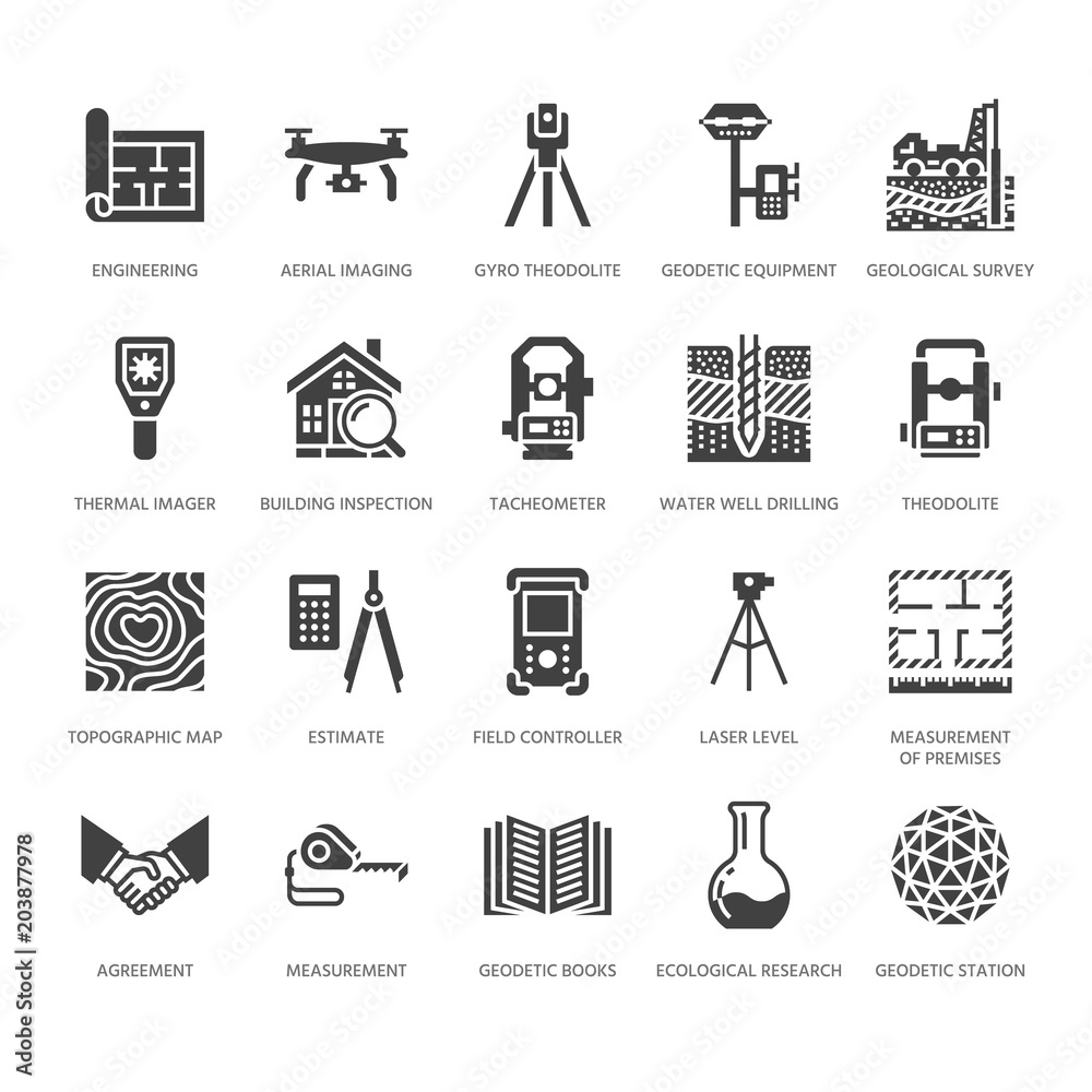 Geodetic survey engineering vector flat glyph icons. Geodesy equipment ...