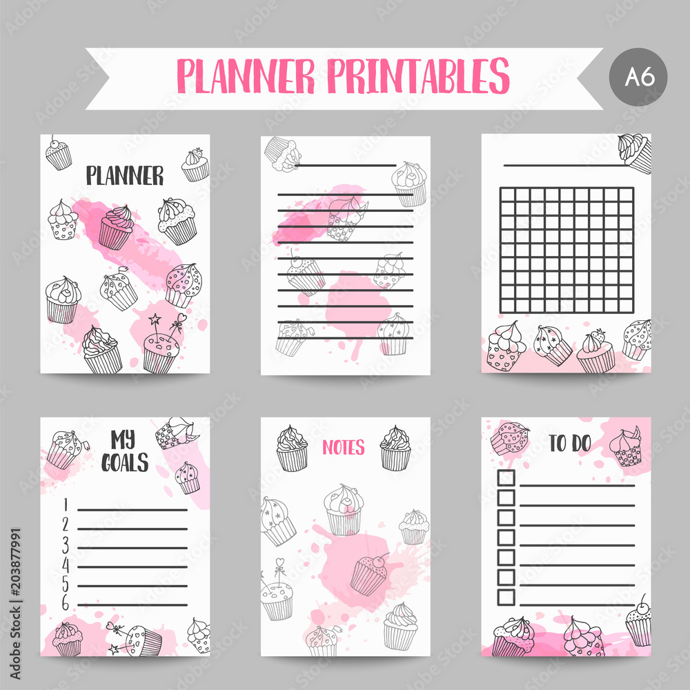 Cupcake printables with handdrawn cupcakes and pink splashes. Planner ...