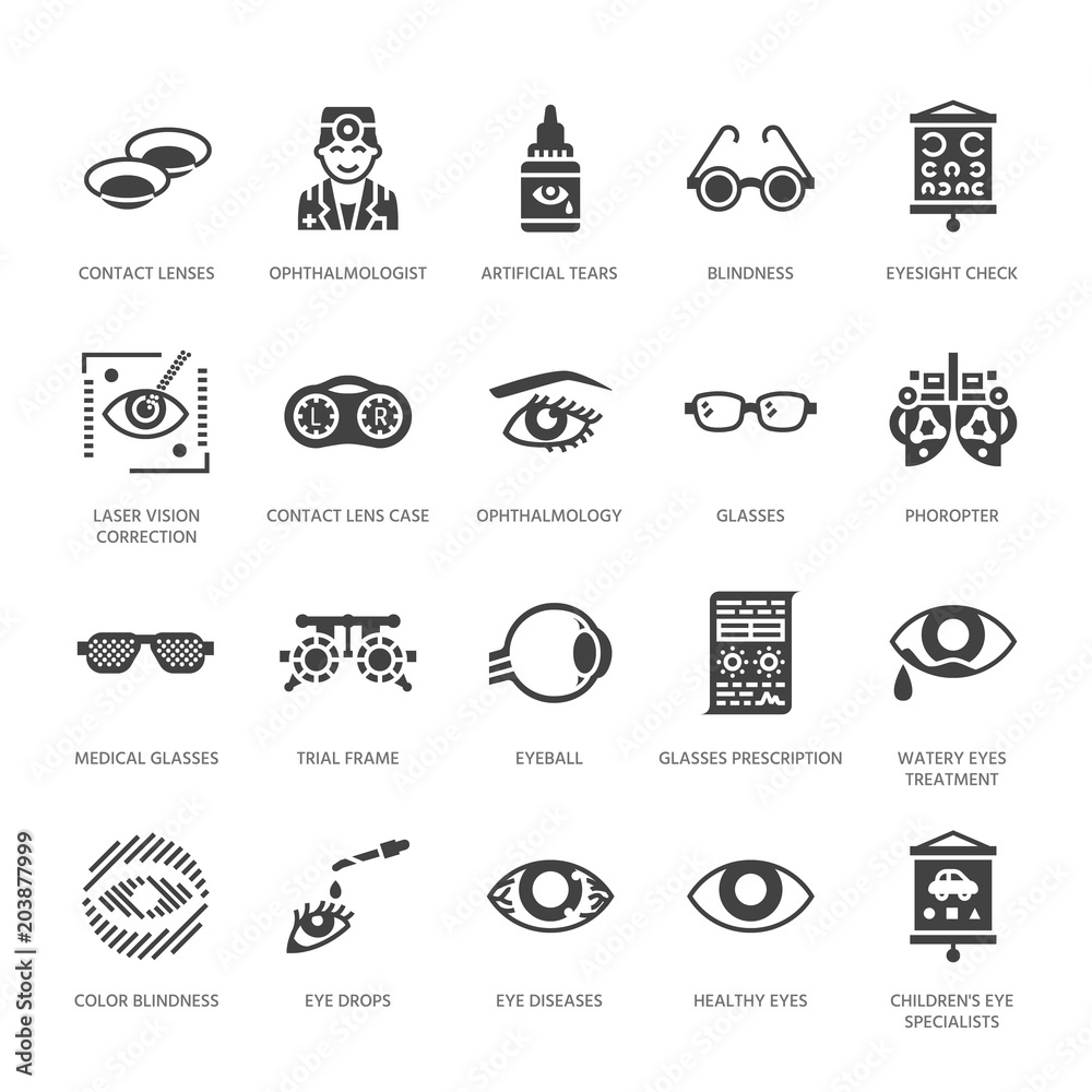 Vetor de Ophthalmology, eyes health care glyph icons. Optometry equipment, contact lenses ...
