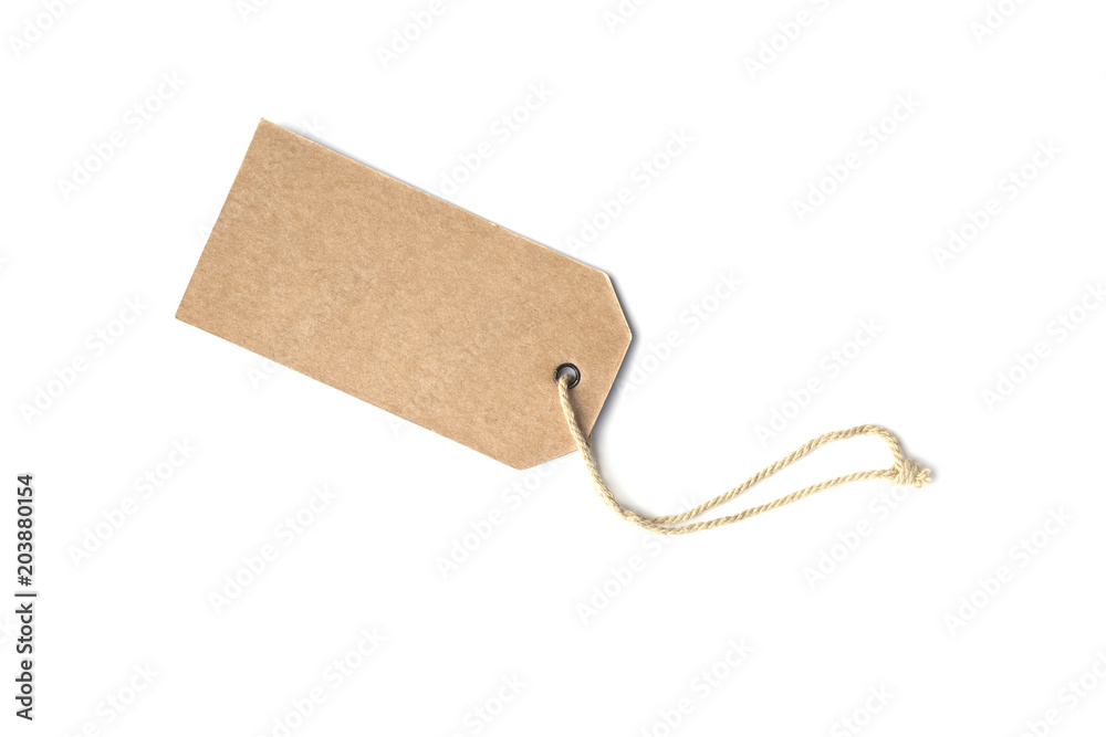 Blank brown cardboard price tag or label tag with thread isolated ...