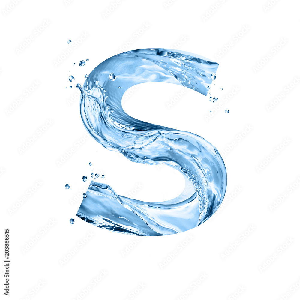 stylized font, text made of water splashes, capital letter s, isolated ...