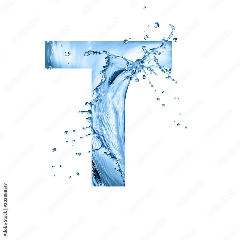 stylized font, text made of water splashes, capital letter t, isolated ...