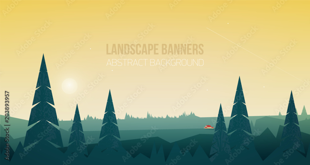 Horizontal banner with beautiful forest landscape or woodland scenery ...