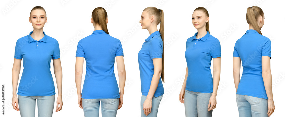 Set promo pose girl in blank blue polo shirt mockup design for print ...