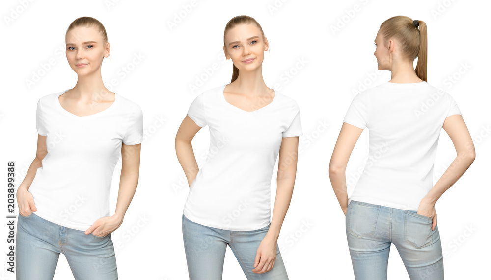 Set promo pose girl in blank white tshirt mockup design for print and ...