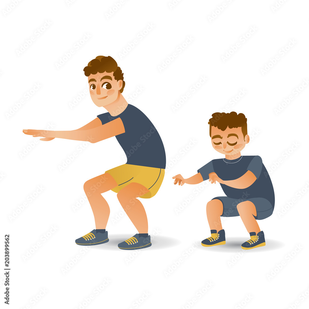 Cartoon young kid boy and adult man in athletic clothing doing squat ...