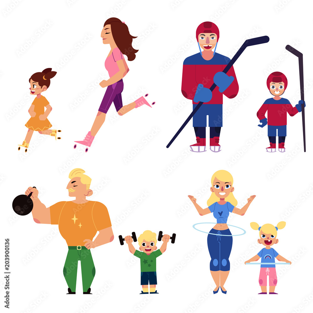 Sport family set with parents and children engaged in same sports ...