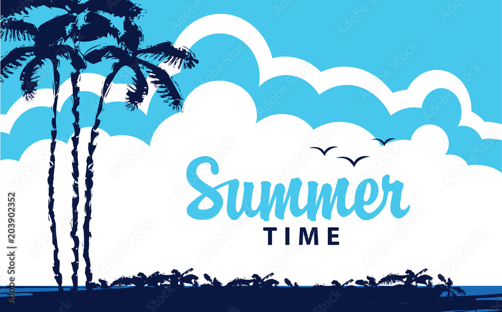 Vector Travel Banner With Inscription Summer Time Tropical Seascape