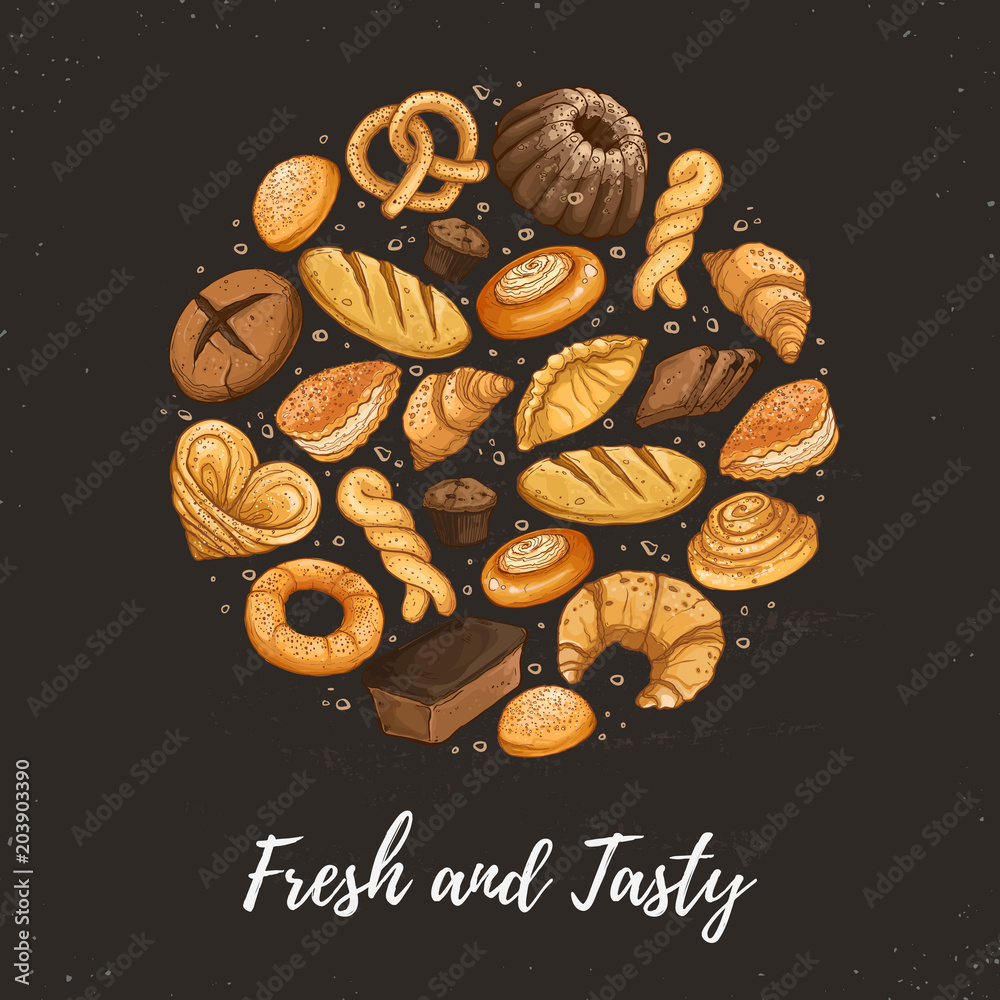 Circle shape composition from hand drawn bread in sketch style. Vector ...