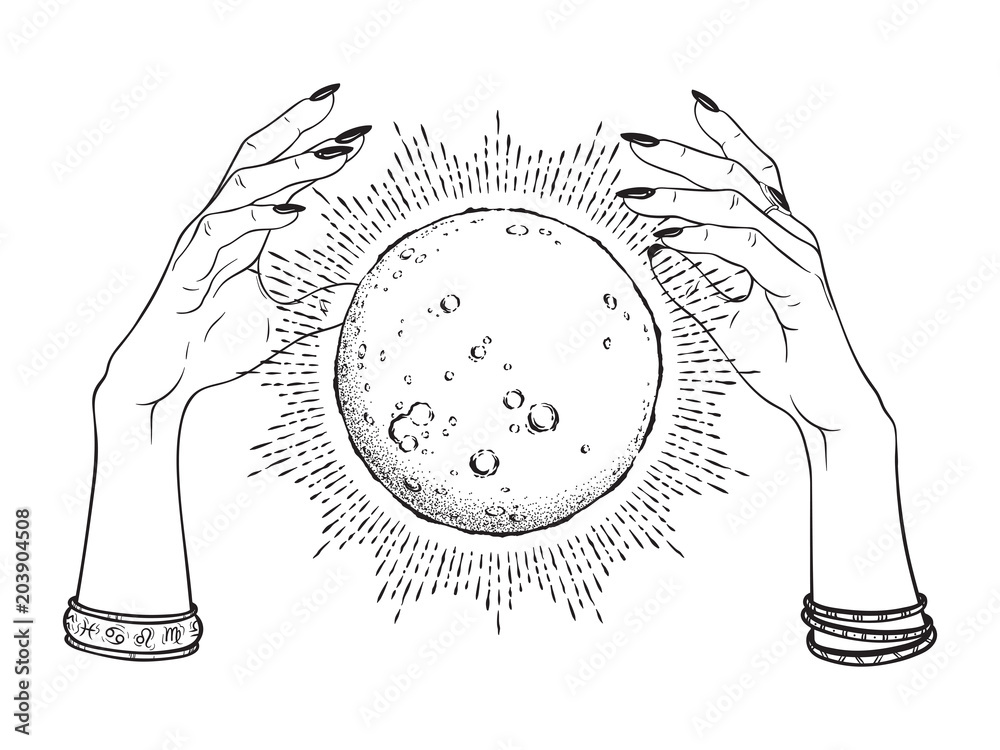 Hand drawn full moon with rays of light in hands of fortune teller line ...