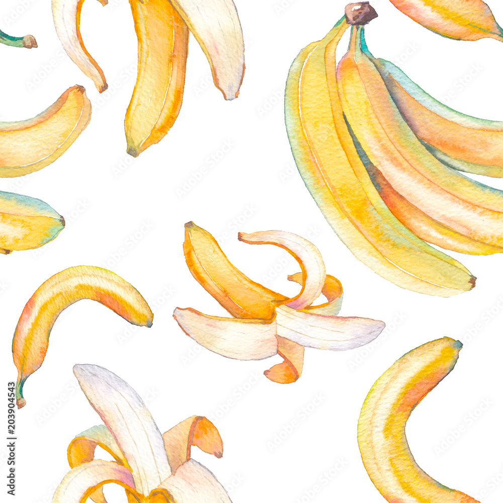 Watercolor banana seamless pattern. Hand painted texture with summer ...