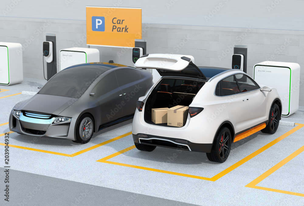 White SUV in parking lot with trunk opened, cardboard boxes inside ...