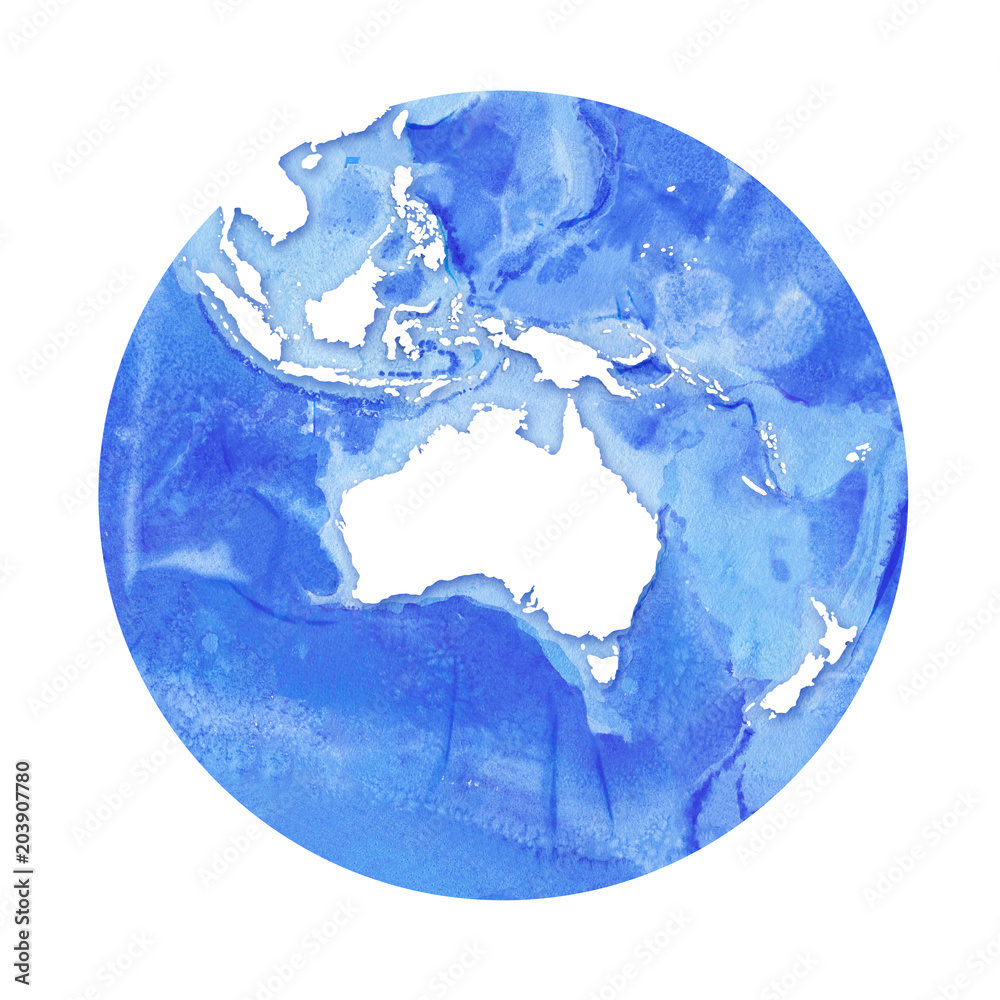 Watercolor realistic map of the seas and oceans with blue water and ...
