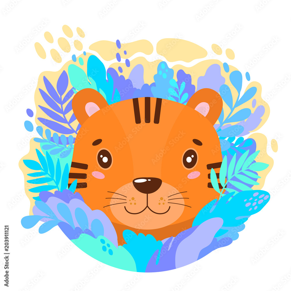Vector cute tiger face in the jungle. For print on a T-shirt, a picture ...