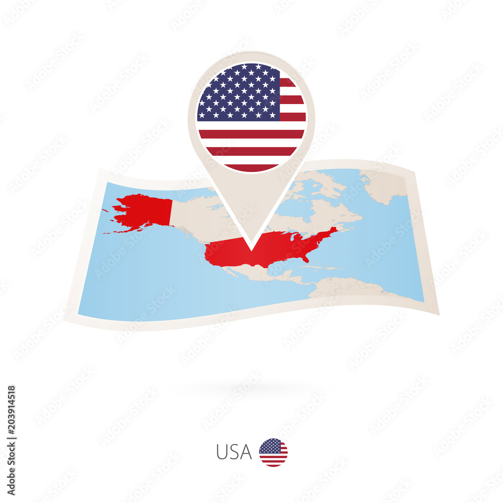 Folded paper map of USA with flag pin of United States of America ...