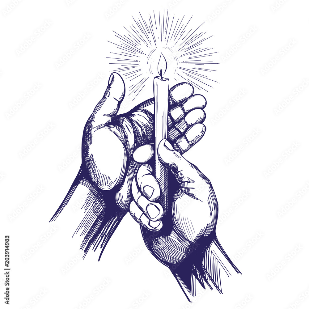 hand holds burning candle shines in the dark hand drawn vector ...