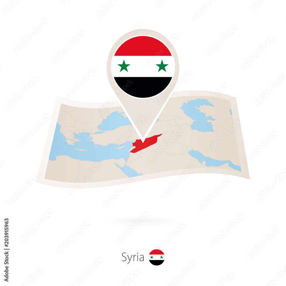 Folded paper map of Syria with flag pin of Syria. Stock Vector | Adobe ...