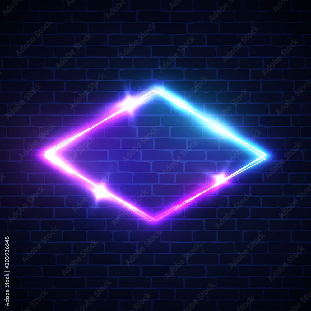 Night club neon light rhomb on brick texture. 3d lozenge sign with neon ...